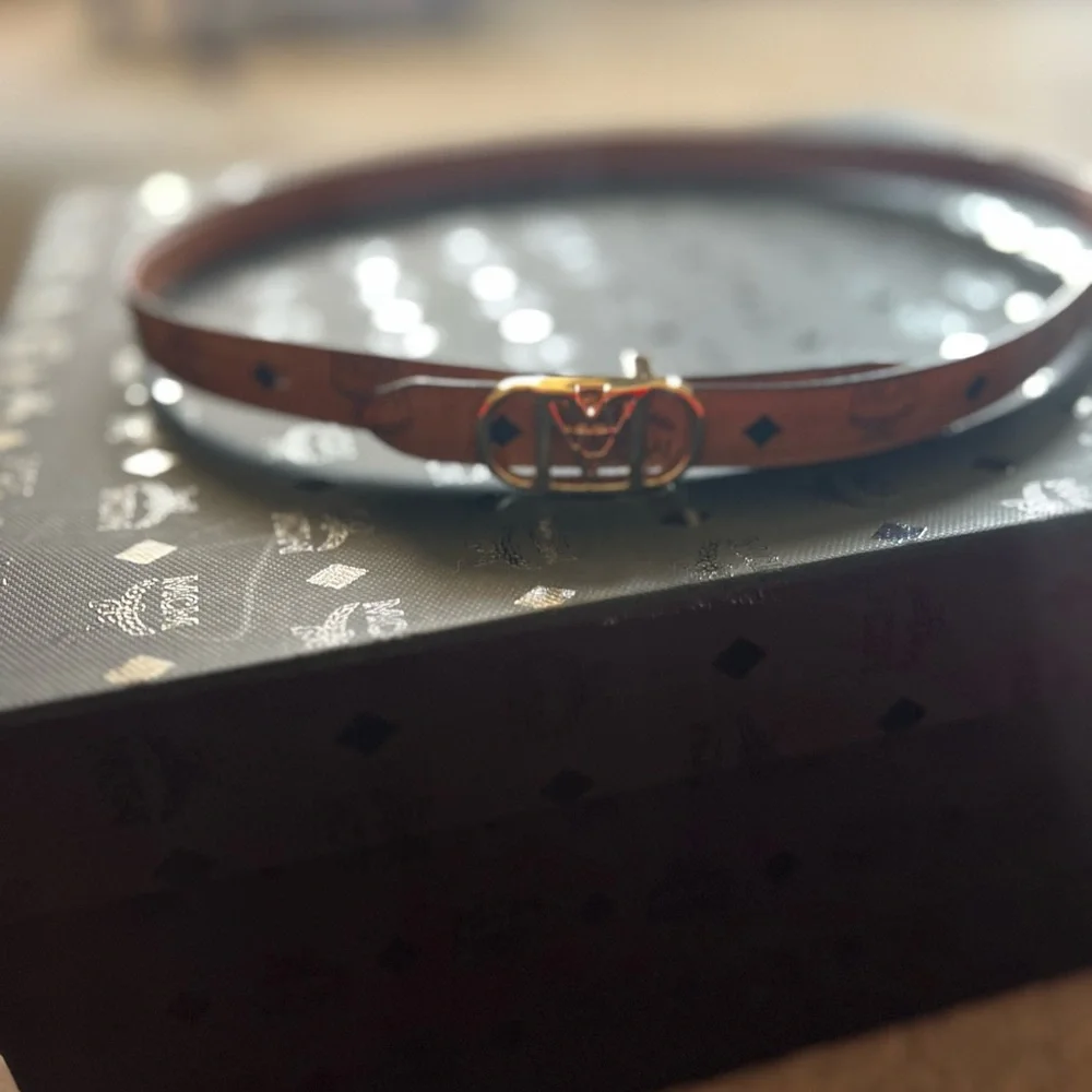 MCM | Accessories | Mcm Cognac Leather Belt With Gold Logo Buckle ...
